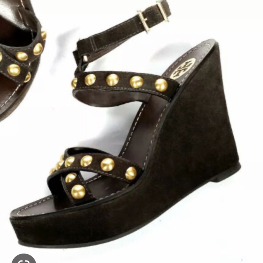 Tory Burch Suede Gold Studded Wedges With Straps. Bro… - Gem